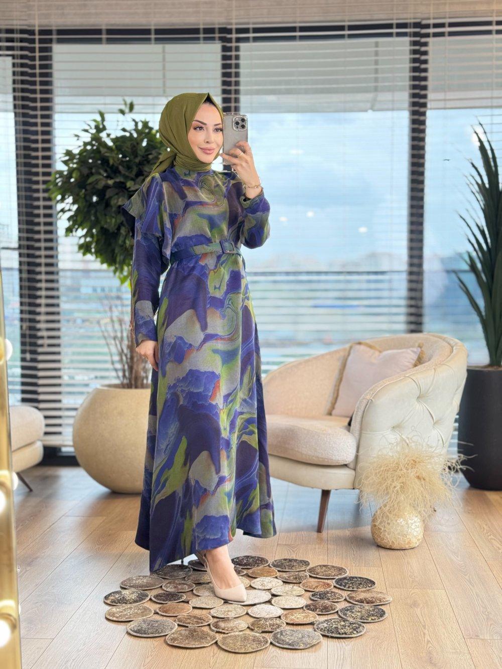 08-1670 Batik Desen Sol Omuz Fırfırlı Elbise Lacivert Modelleri En ...