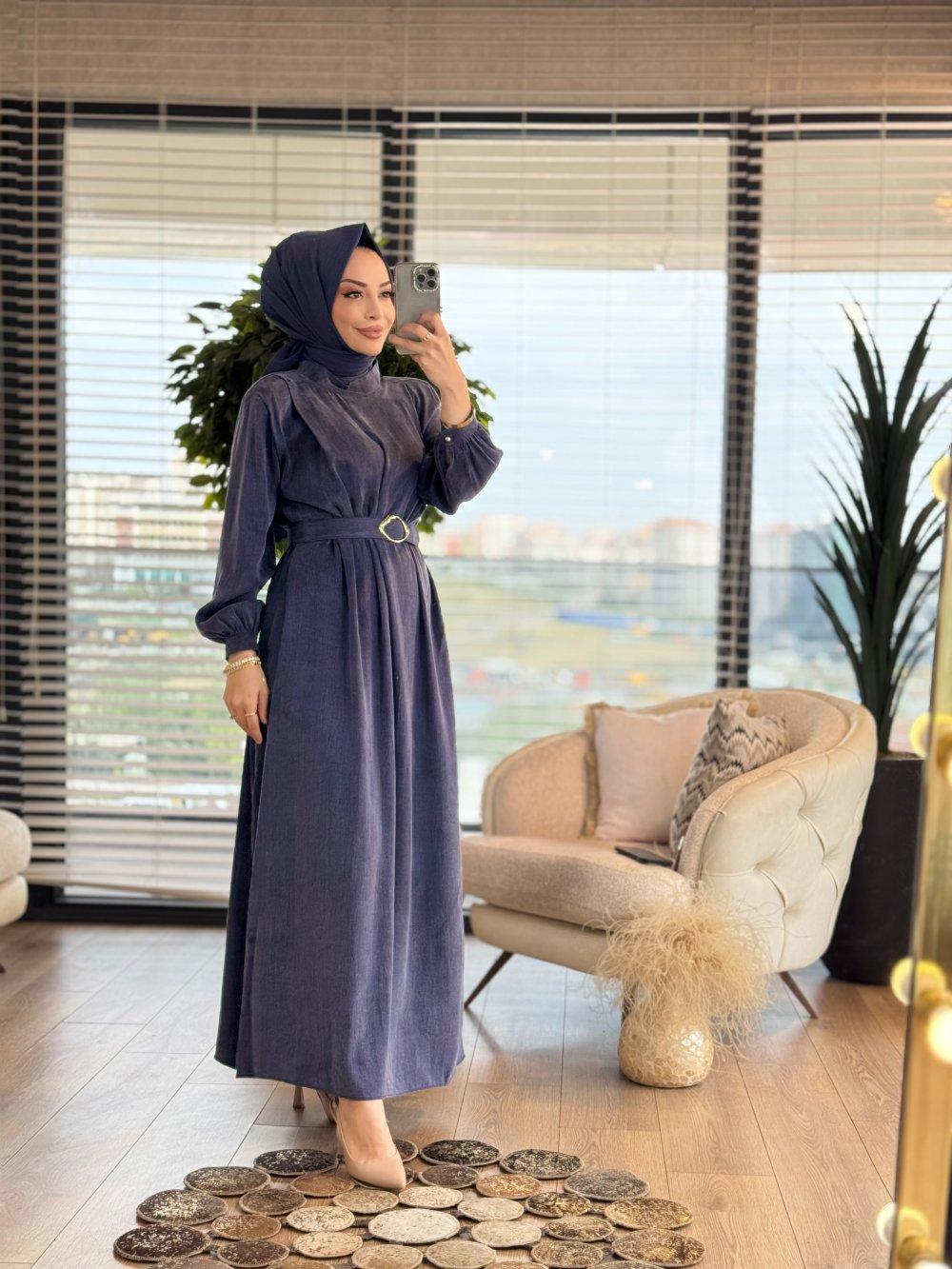 12598 Kemerli Uzun Elbise Lacivert Modelleri En Uygun Fiyatlarla