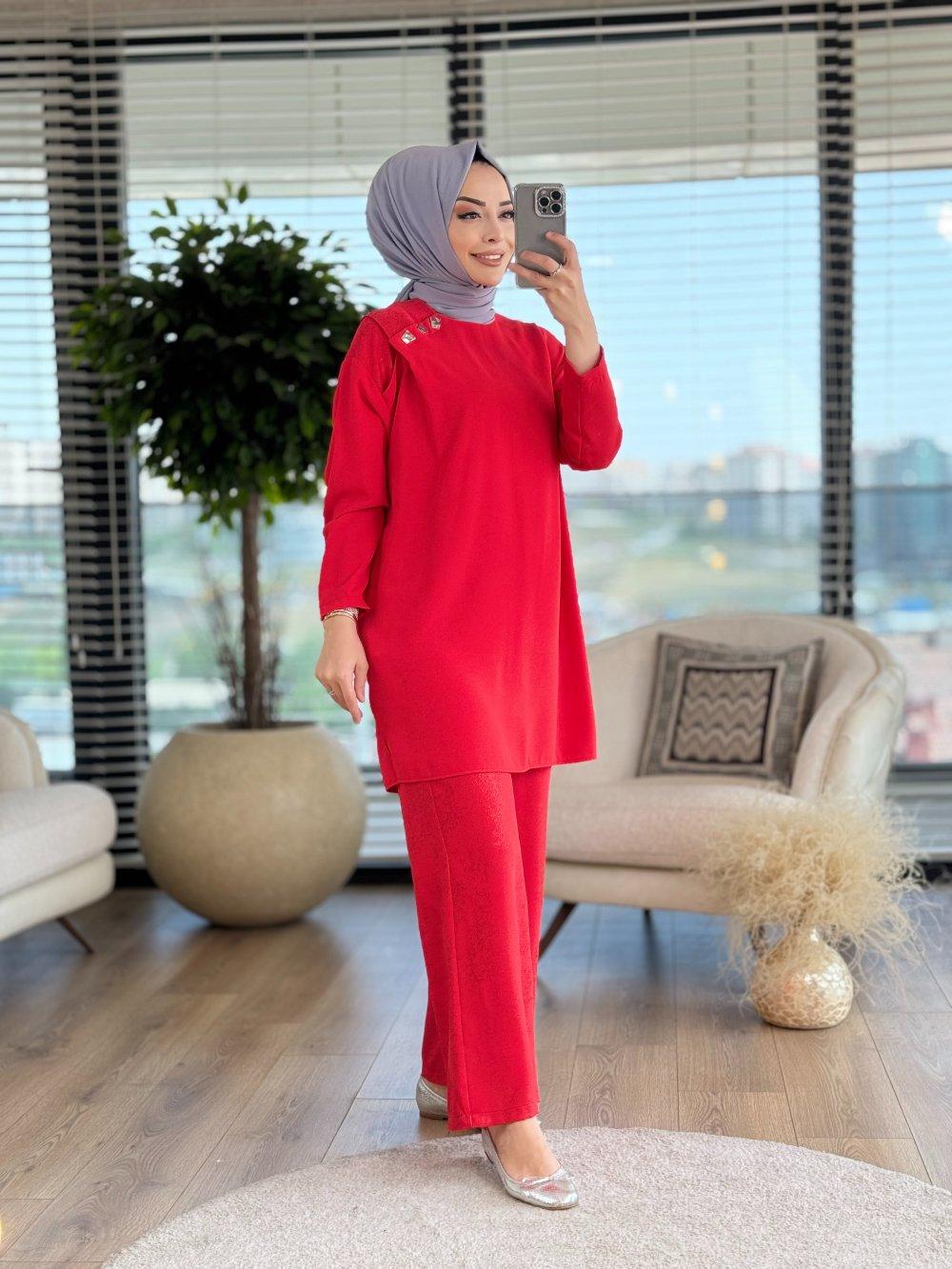 14208 Pantolon Varak Detaylı Takım Kırmızı Modelleri En Uygun Fiyatlarla