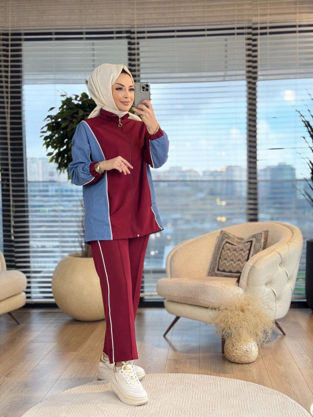 22637 Kolları Kotlu Biye Detaylı Takım Bordo Modelleri En Uygun Fiyatlarla