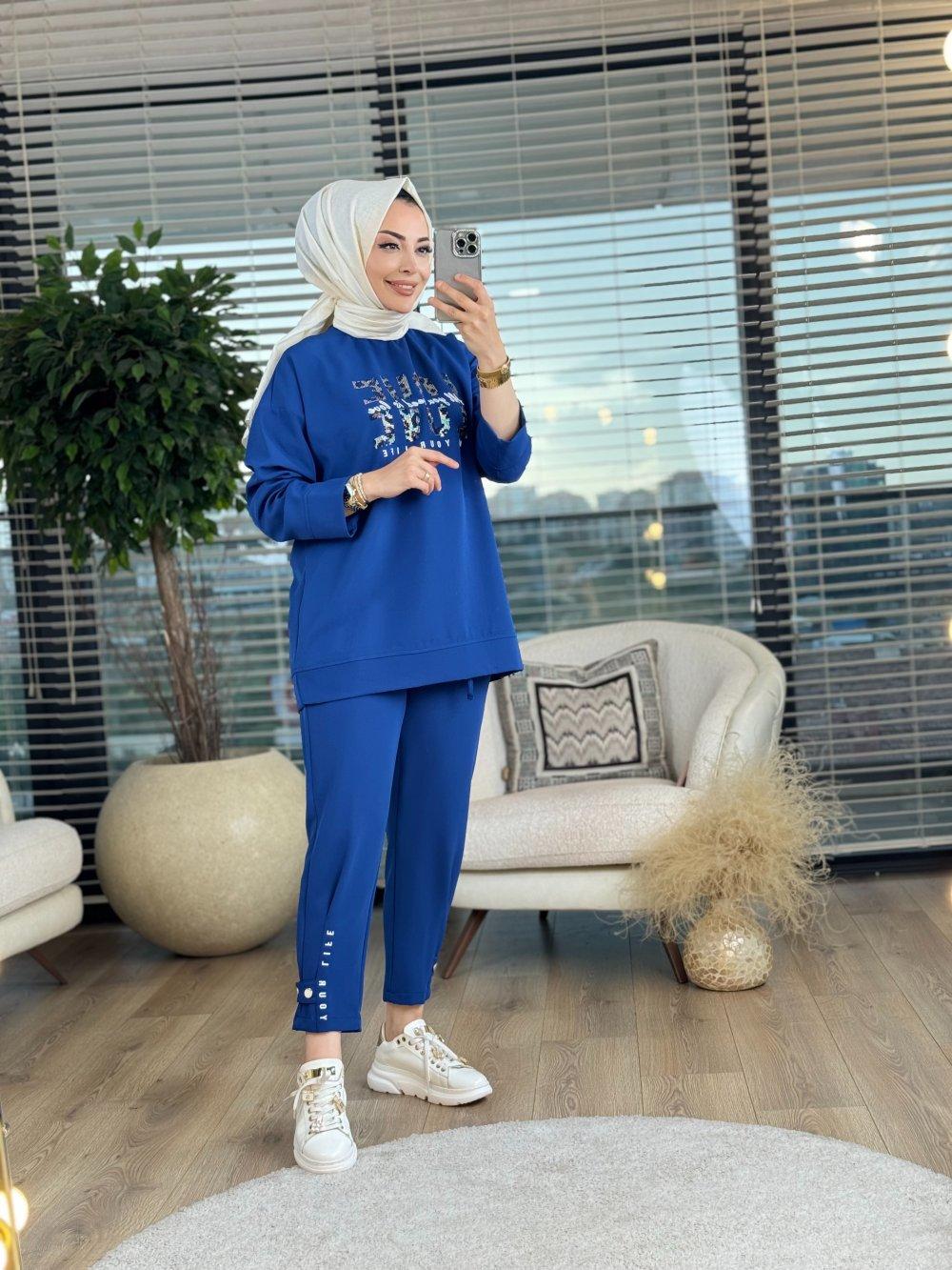 32319 Taş Ve Baskı Detaylı Takım İndigo Modelleri En Uygun Fiyatlarla