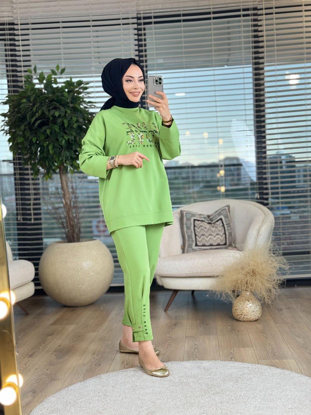 32319 Taş Ve Baskı Detaylı Takım Yeşil Modelleri En Uygun Fiyatlarla