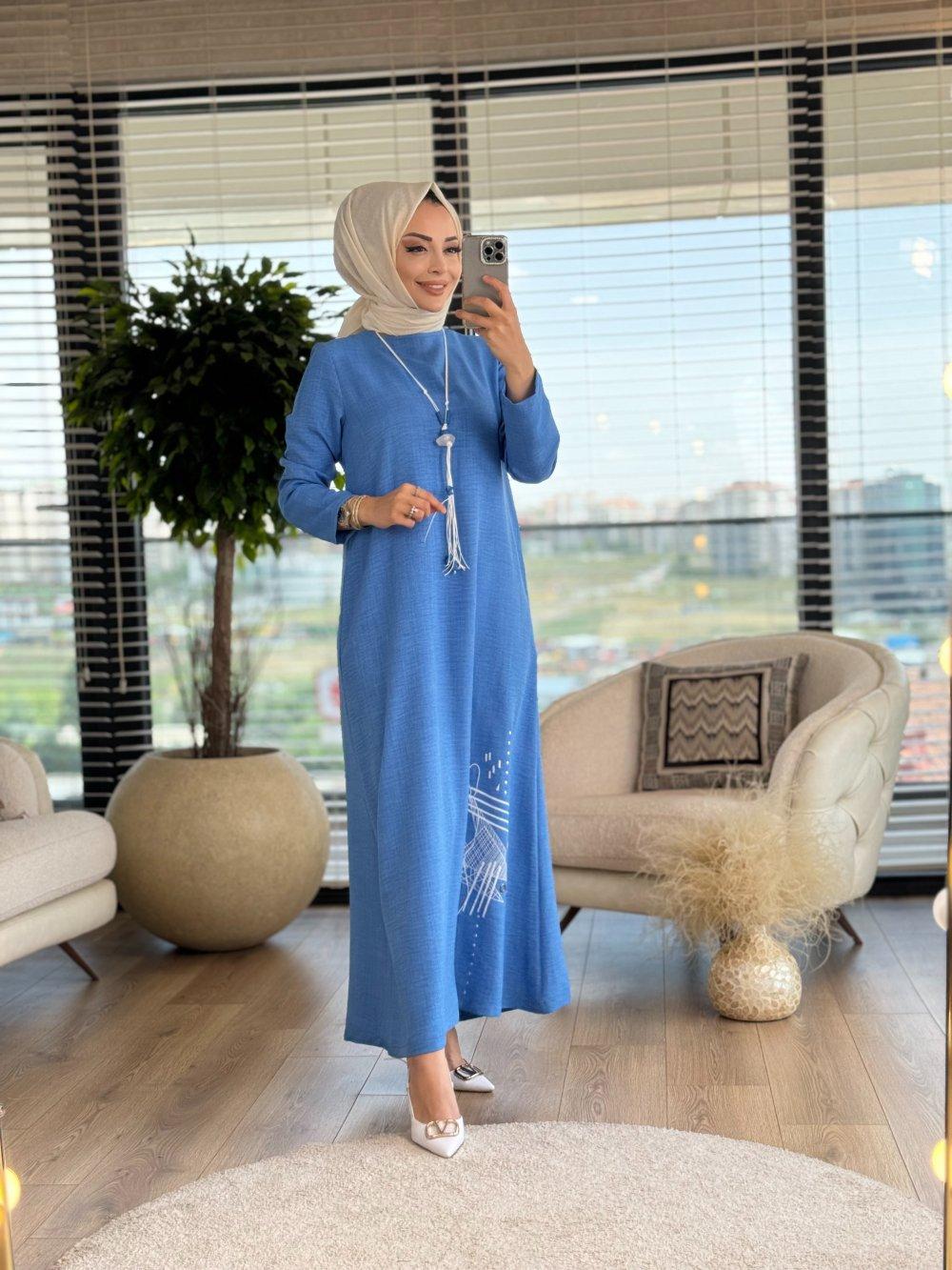 6073 Etek Ucu Desen Ve Zımbalı Elbise İndigo Modelleri En Uygun Fiyatlarla